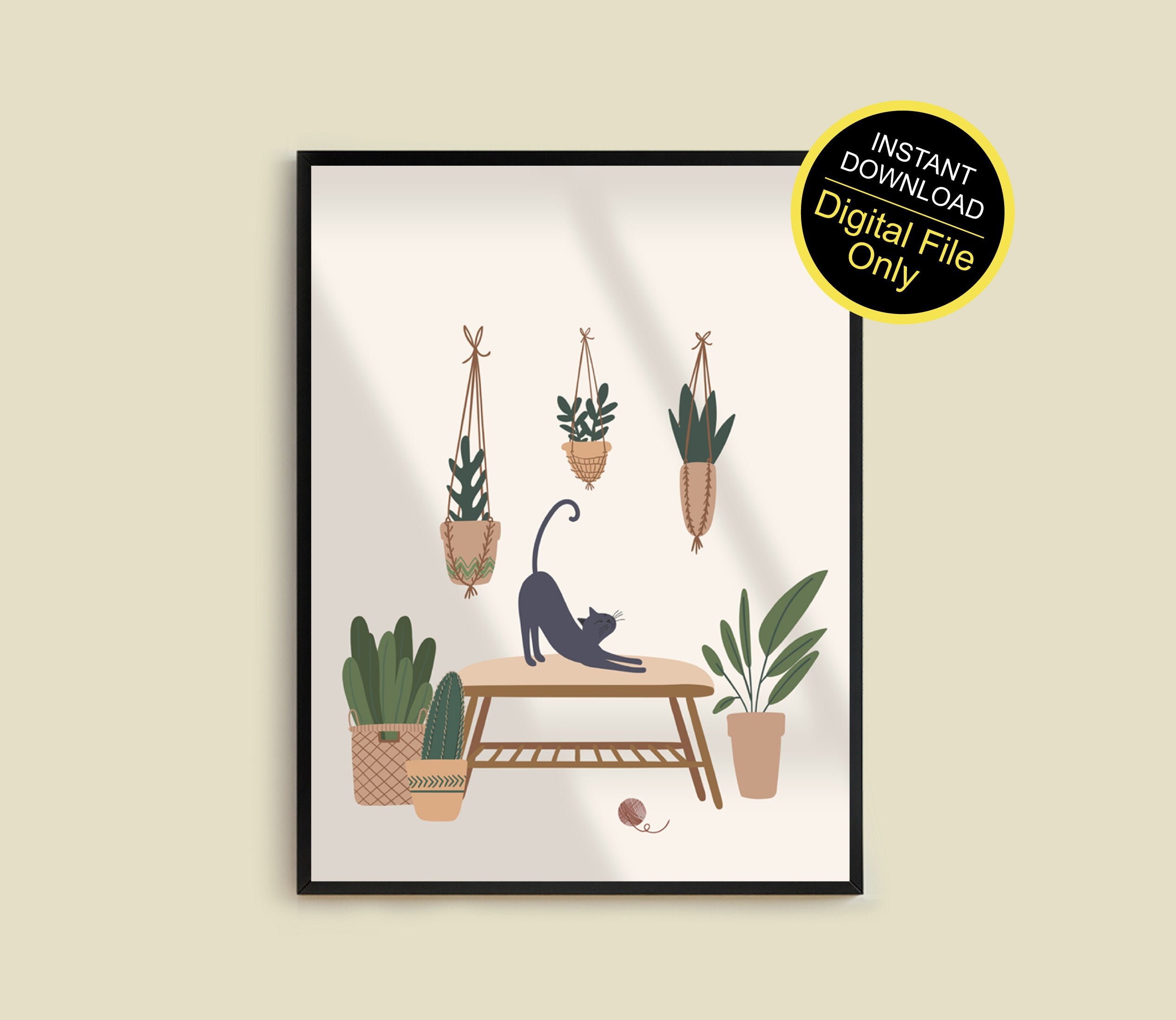 Cat Print Cat Wall Art Plant Art Plant Illustration Cat | Etsy