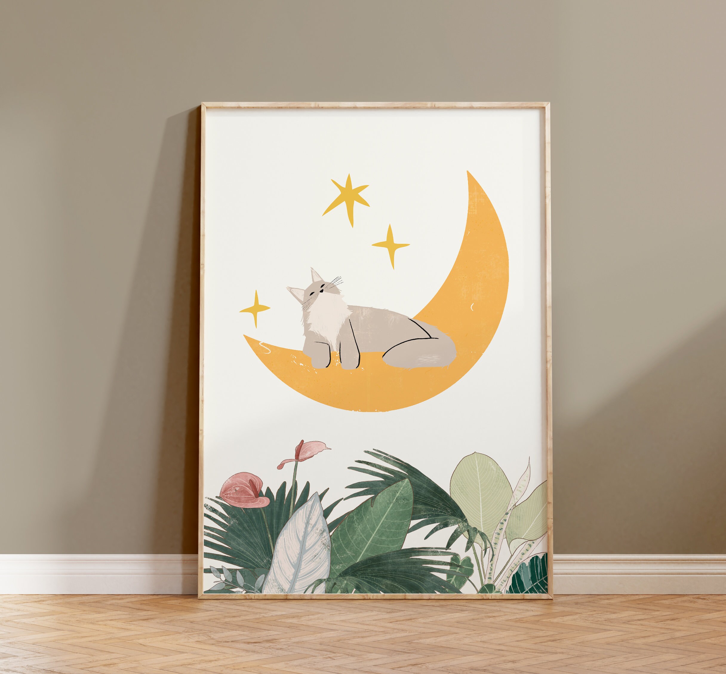 Printable Cat and Crescent Moon Wall Art Cat and Moon Poster - Etsy