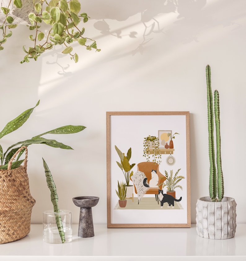 Set of 3 Printable Boho Cats and House Plants Wall Art, Cats and House ...