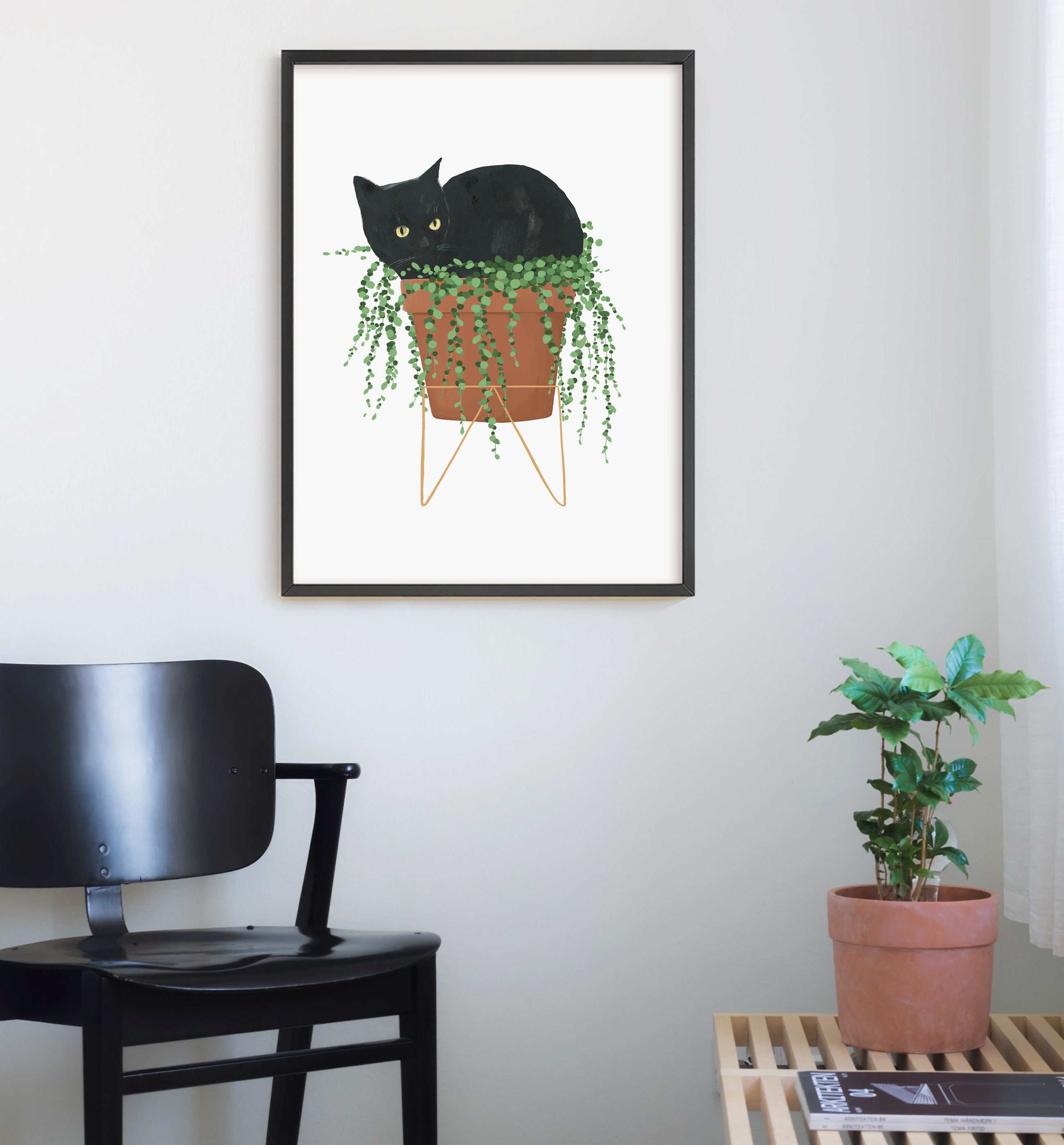 Printable Black Cat Wall Art Black Cat Artwork Cat and Plant - Etsy