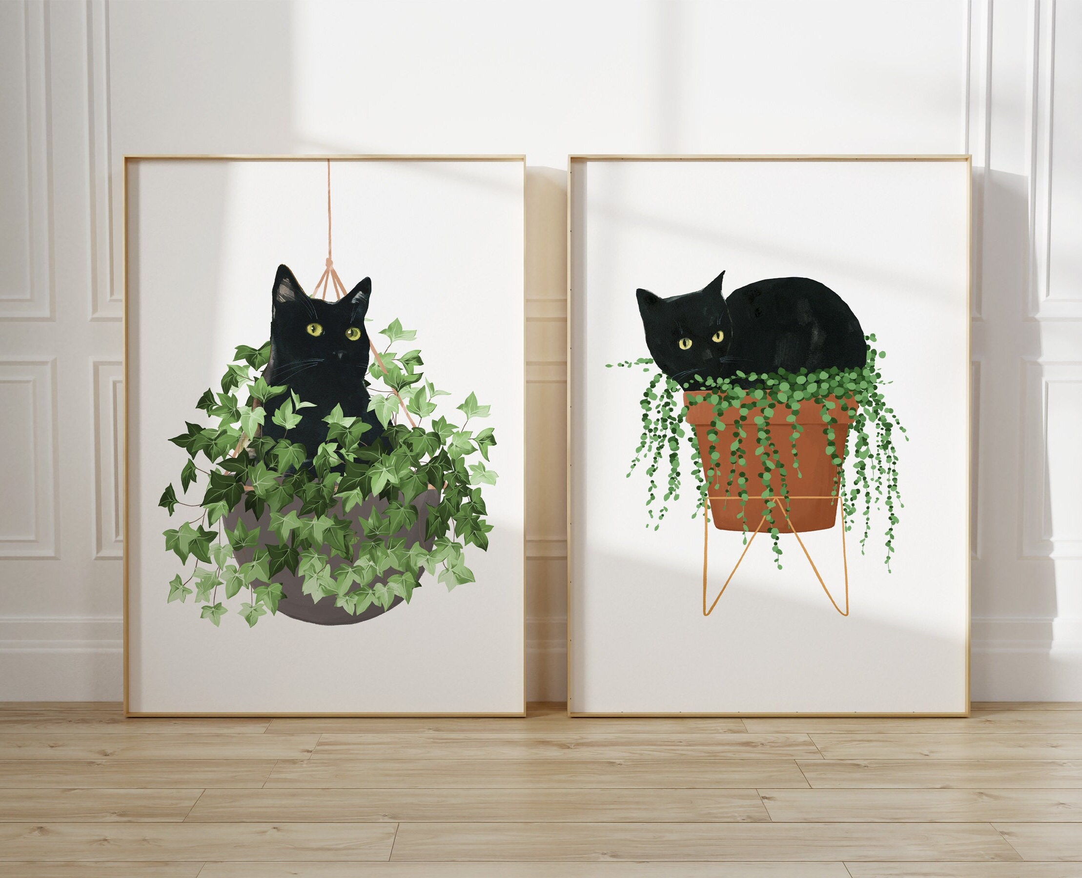 Printable Black Cat Wall Art Black Cat Artwork Cat and Plant - Etsy