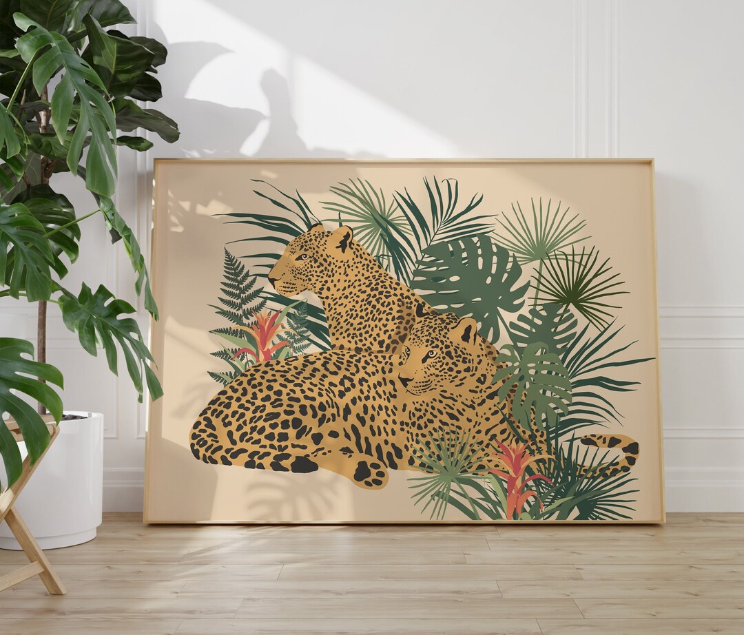 Leopards Digital Print, Printable Leopard Wall Decor, Tropical Plants ...