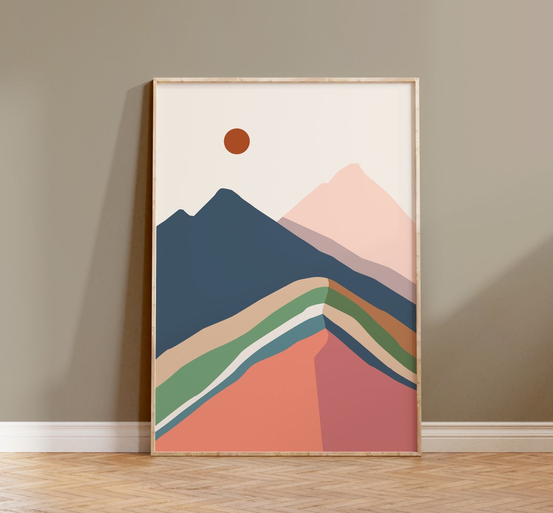 Boho Mountain Wall Art, Abstract Landscape Poster, Colorful Mountain ...