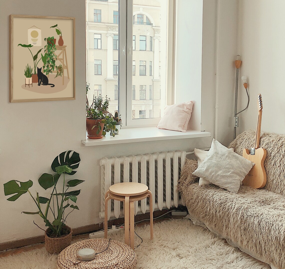 Printable Boho House Plants and Black Cat Wall Art Boho Plant | Etsy