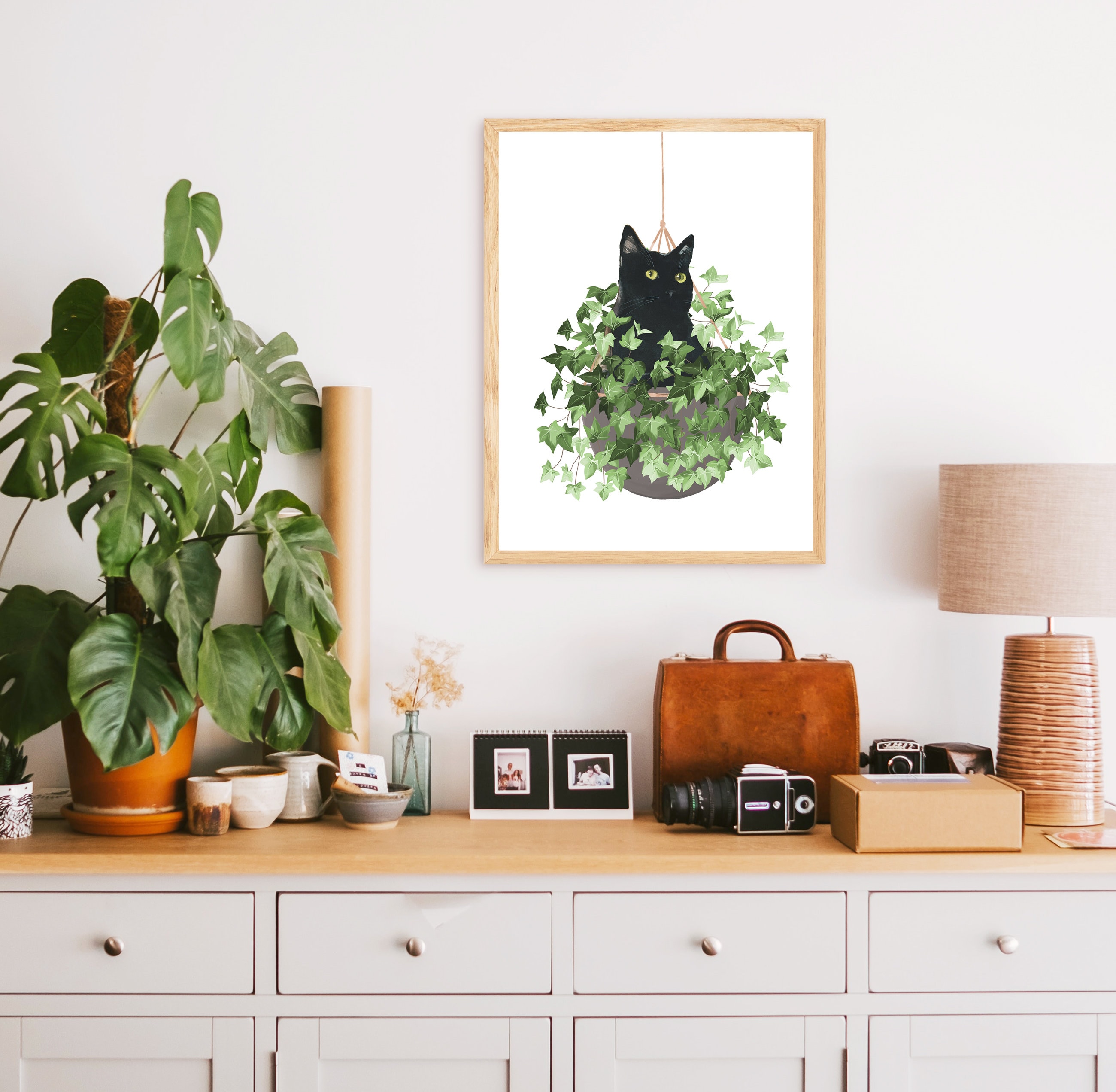 Printable Black Cat Wall Art Black Cat Artwork Cat and Plant - Etsy