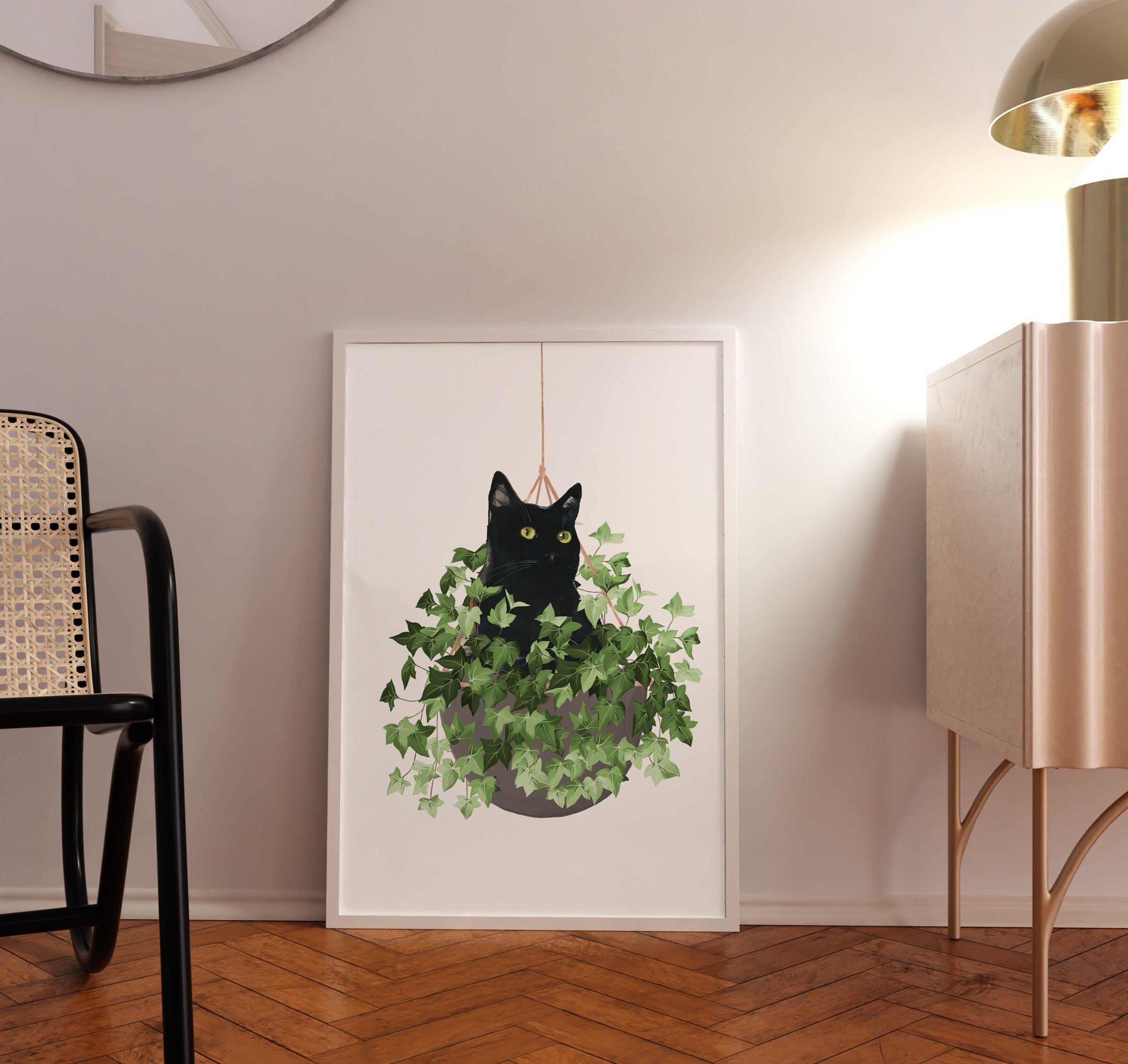 Printable Black Cat Wall Art Black Cat Artwork Cat and Plant - Etsy