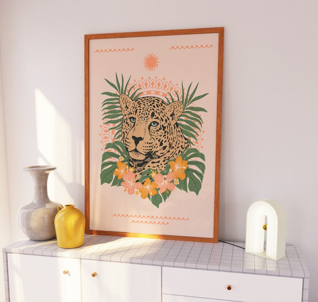 Leopards Wall Art, Leopard Wall Decor, Tropical Plants Print, Boho ...