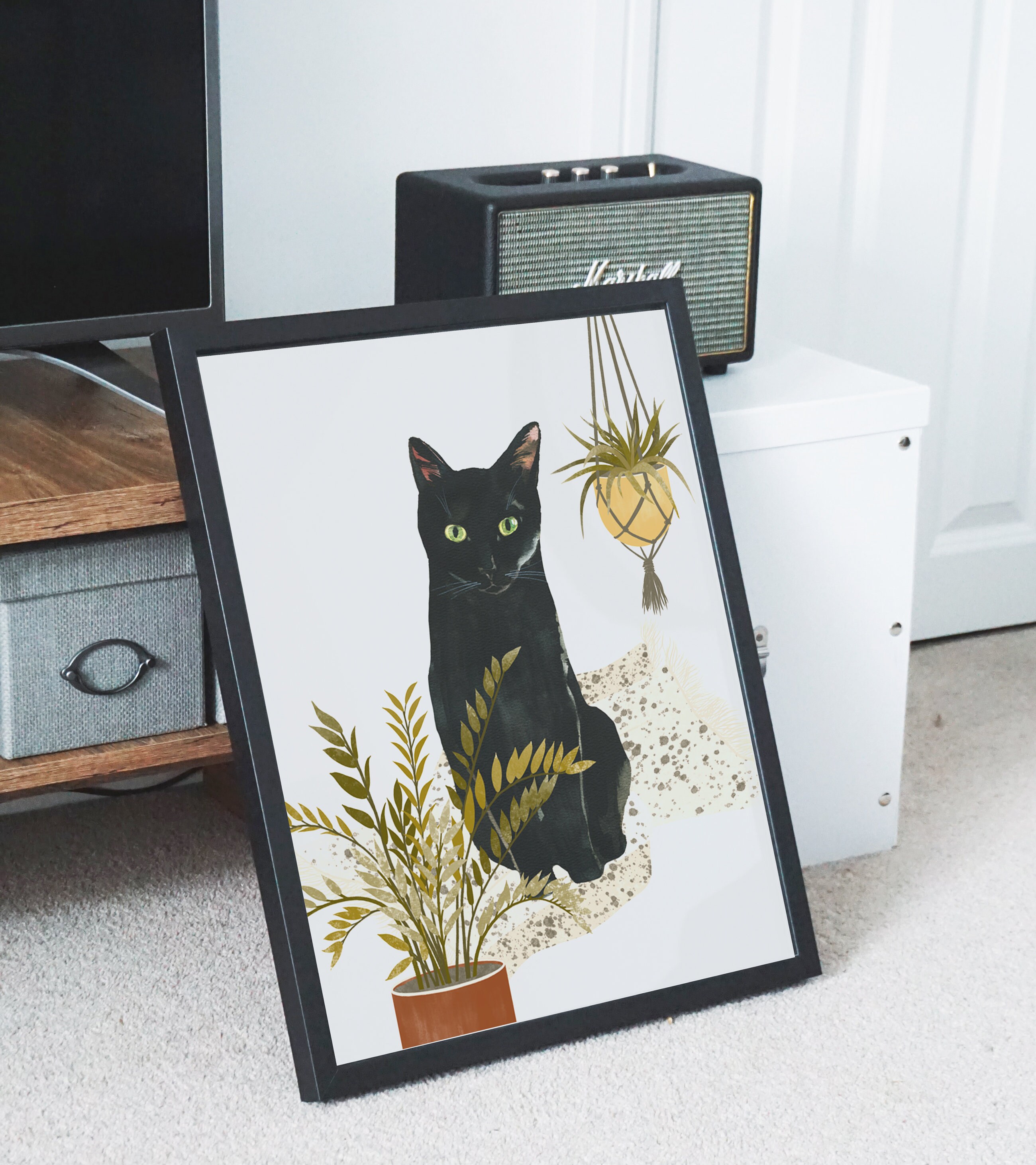 Printable Black Cat and Plants Wall Art Black Cat Poster | Etsy
