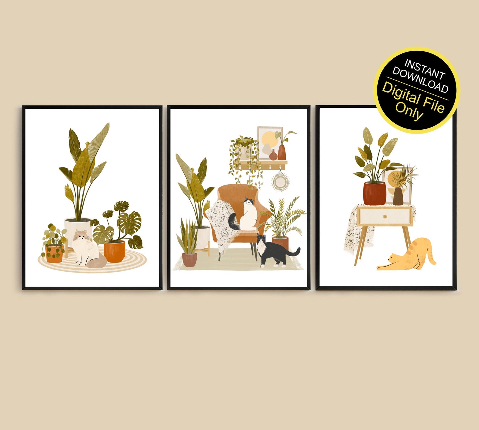 Set of 3 Printable Boho Cats and House Plants Wall Art Cats | Etsy