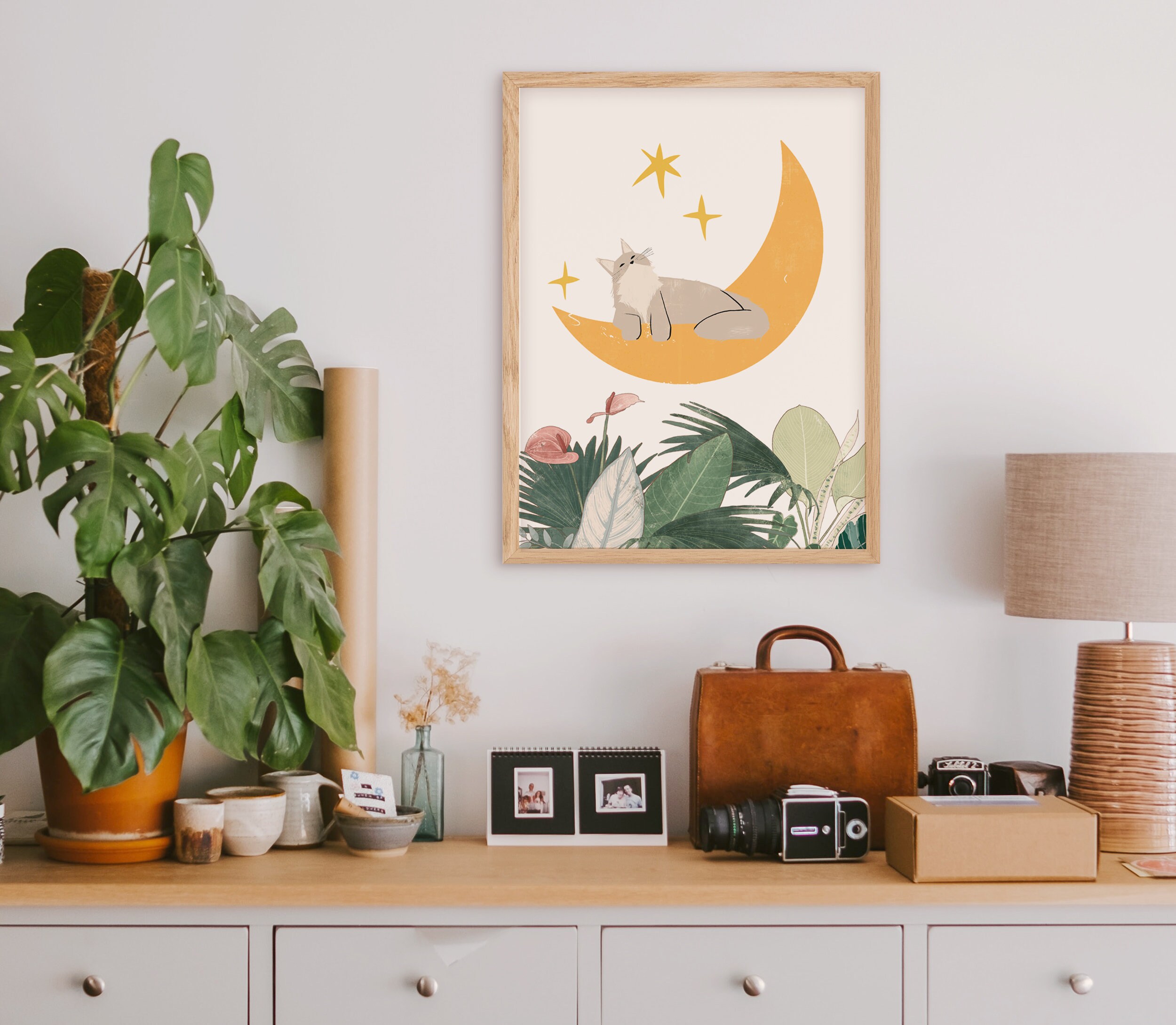 Printable Cat and Crescent Moon Wall Art Cat and Moon Poster - Etsy