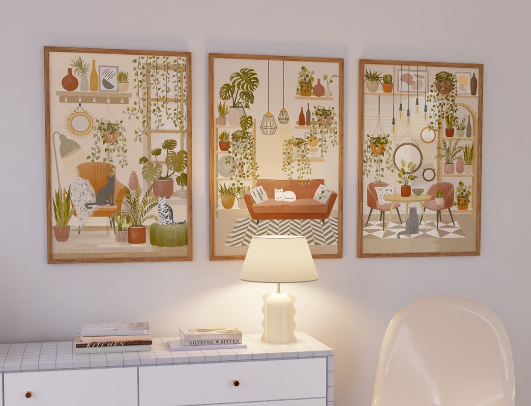 Set of 3 Boho Cats Prints, Grey Cat Art, White Cat Poster, Boho Plants ...