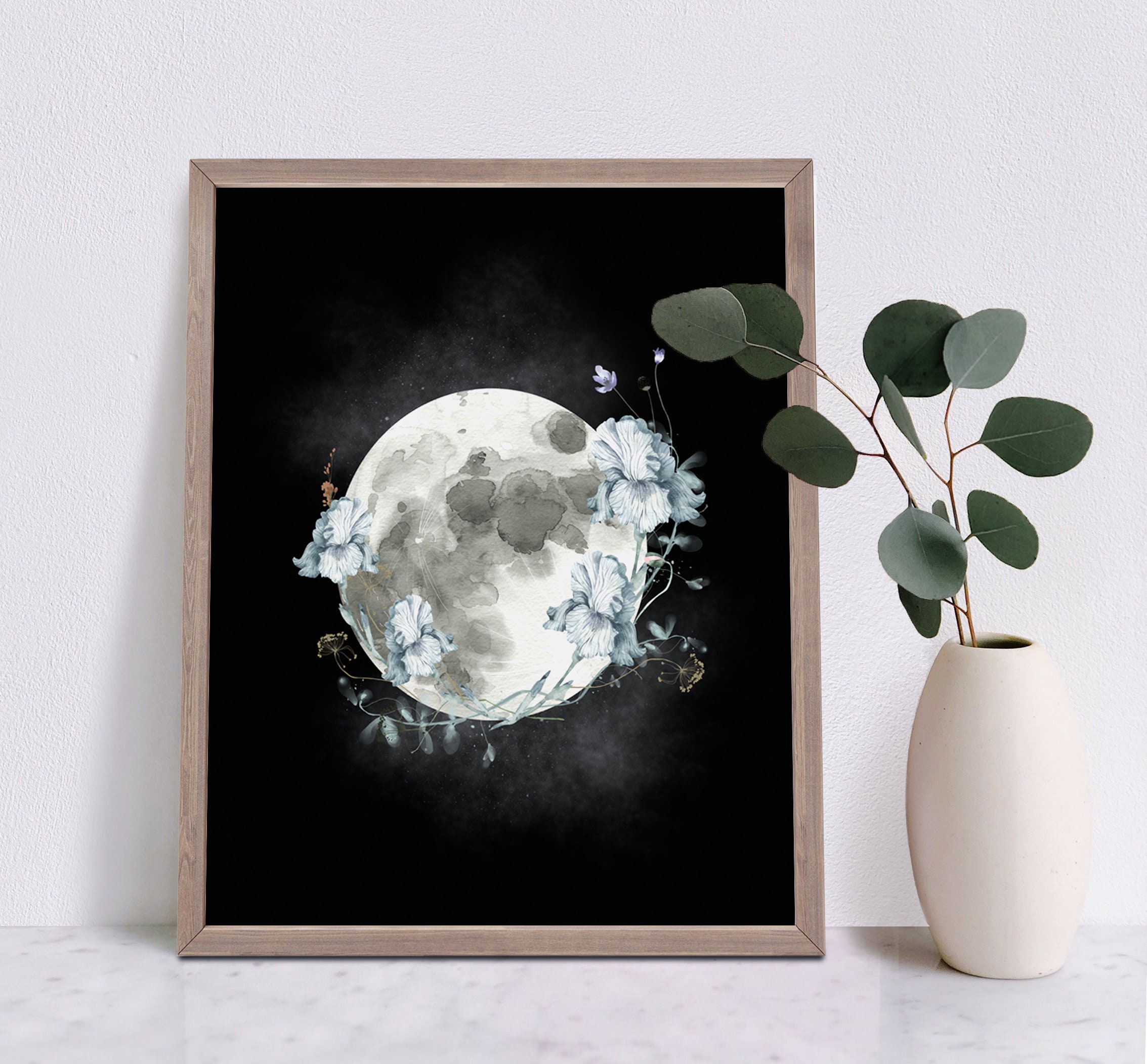 Printable Moon Flower Wall Art Full Moon Artwork Watercolor - Etsy France