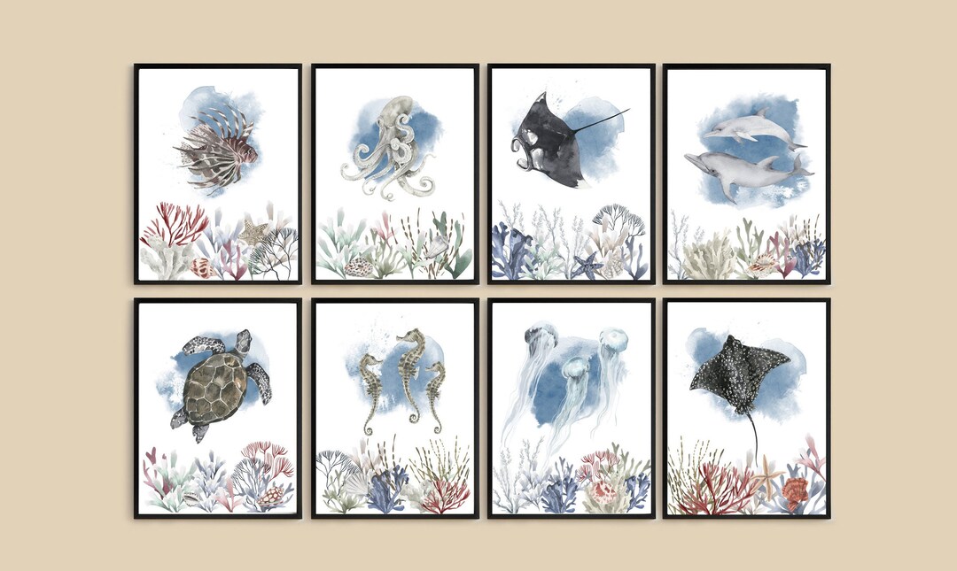 Set of 8 Ocean Animal, Printable Sea Creature Art, Coastal Decor ...