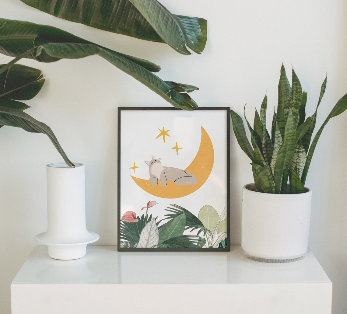 Printable Cat and Crescent Moon Wall Art Cat and Moon Poster - Etsy