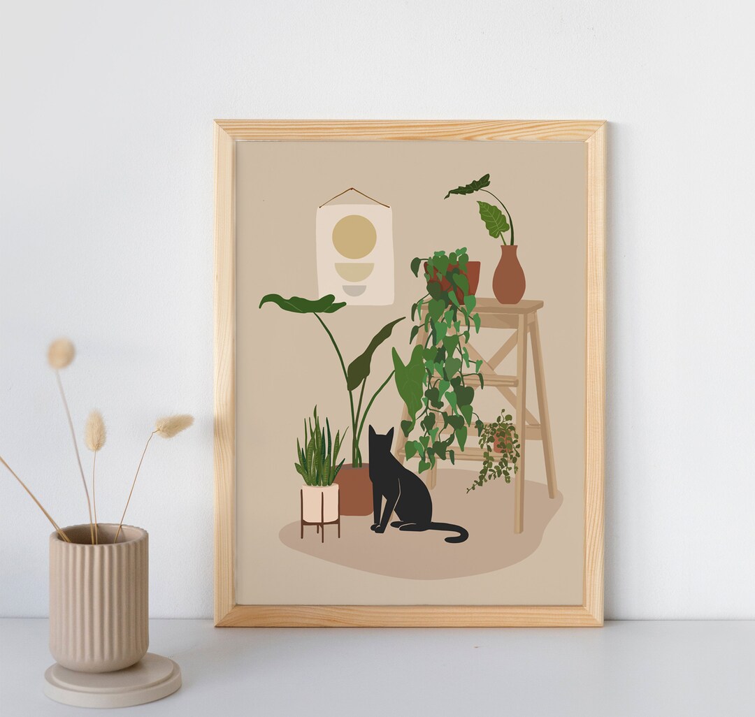 Printable Boho House Plants and Black Cat Wall Art, Boho Plant Cat ...
