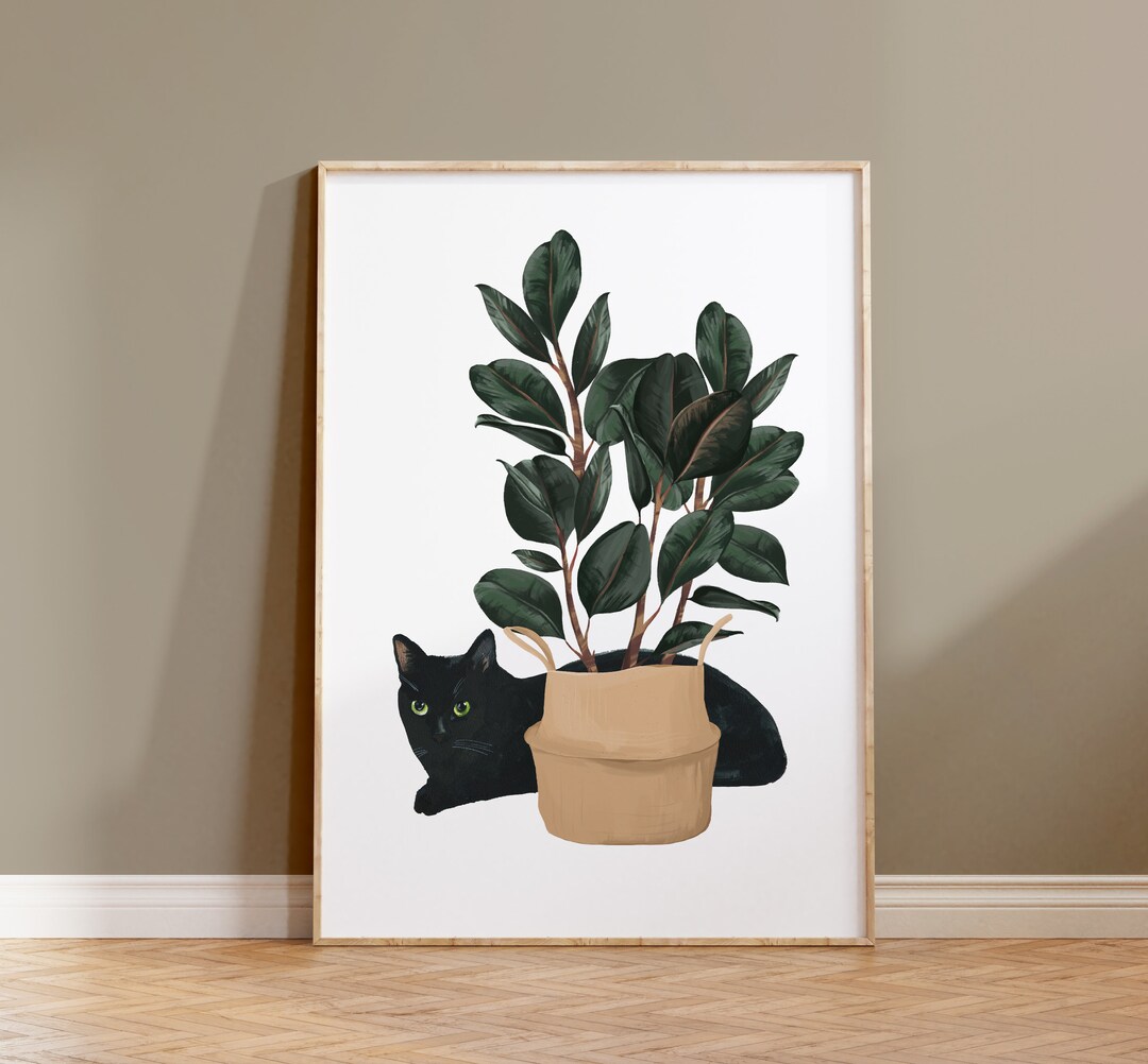 Printable Black Cat Wall Art, Black Cat Artwork, Cat and House Plant ...