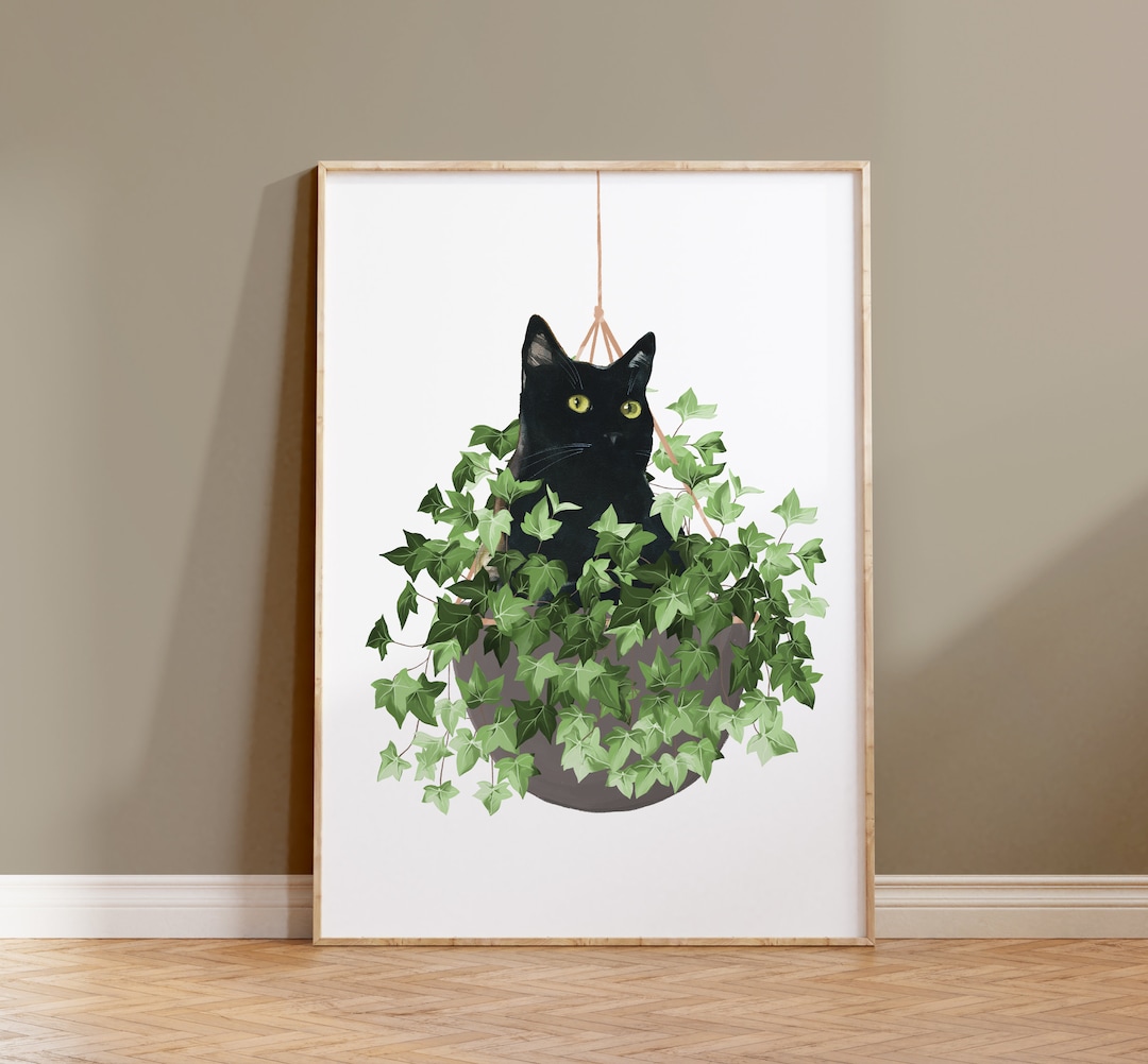 Printable Black Cat Wall Art, Black Cat Artwork, Cat and Plant Poster ...