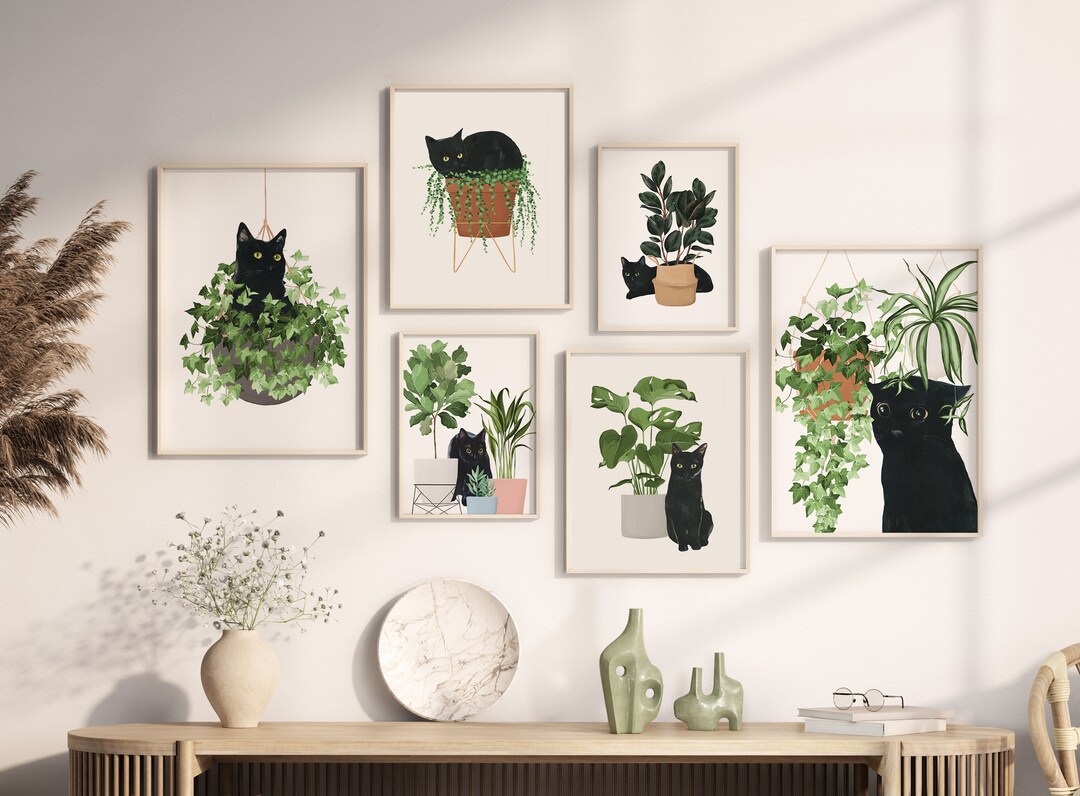 Set of 6 Printable Cat and Plants Arts, Black Cat Print Bundle, Set of ...