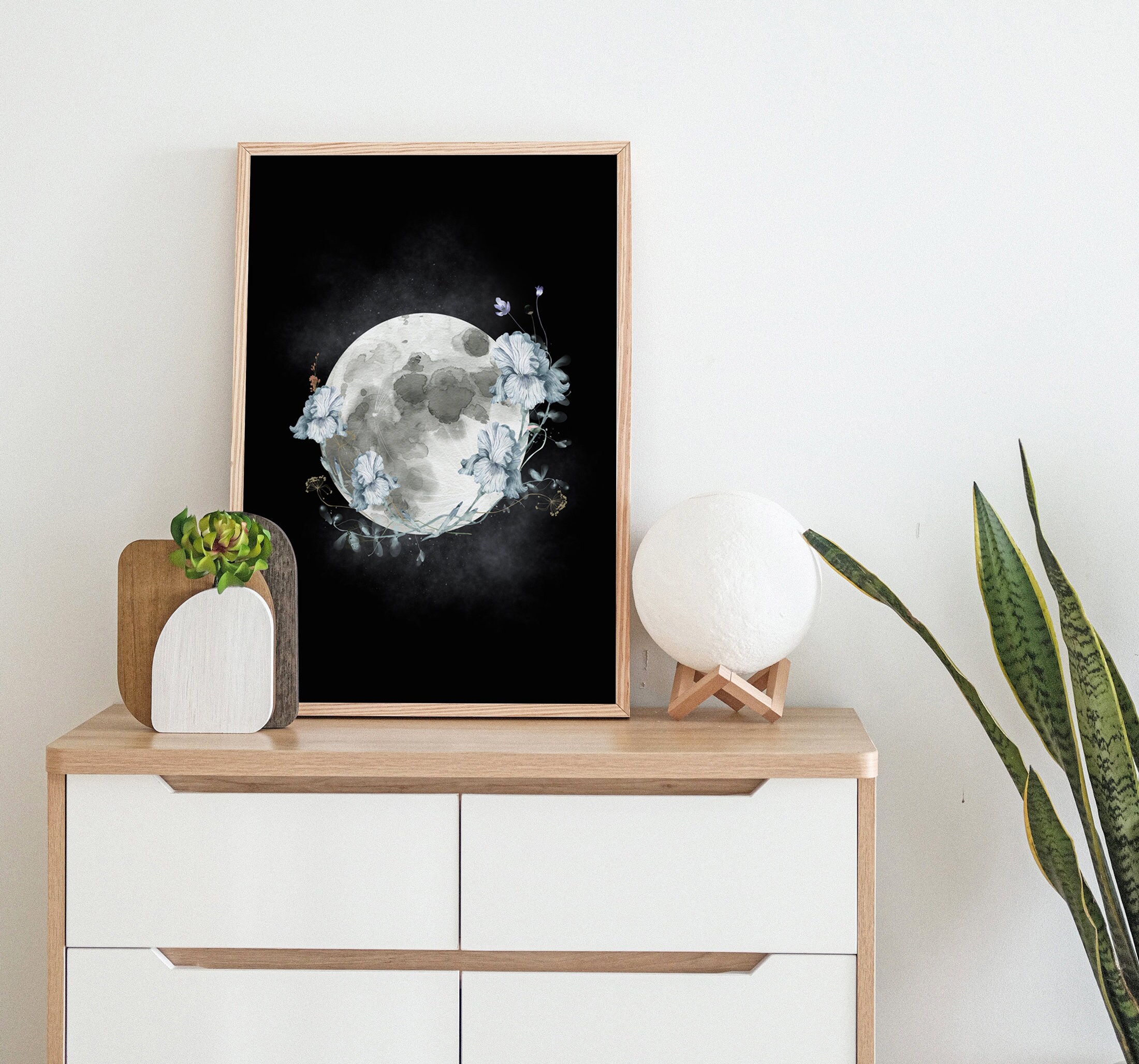 Printable Moon Flower Wall Art Full Moon Artwork Watercolor - Etsy France