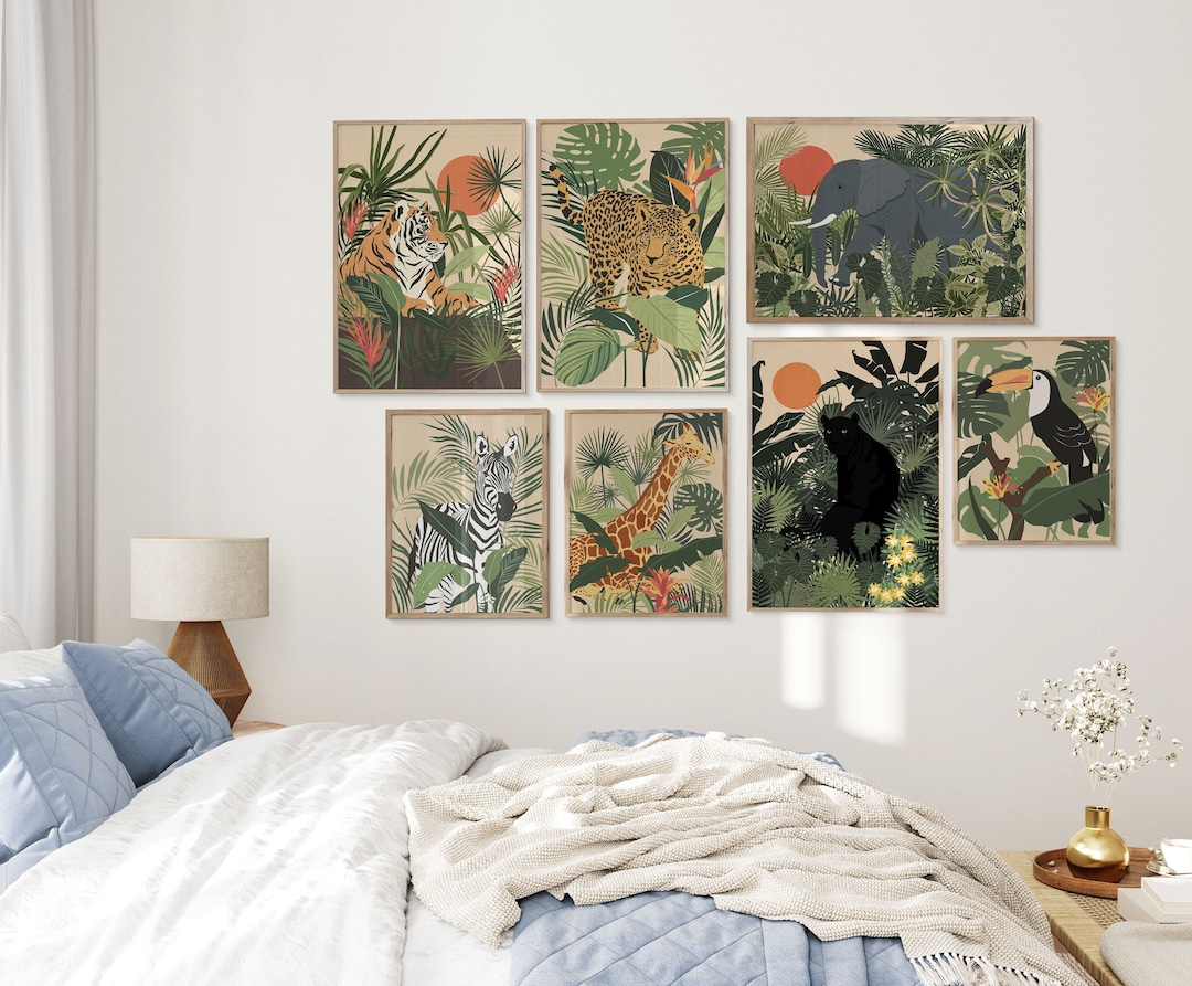 Set of 7 Animal Jungle Prints, Gallery Wall Art, Black Panther Art ...