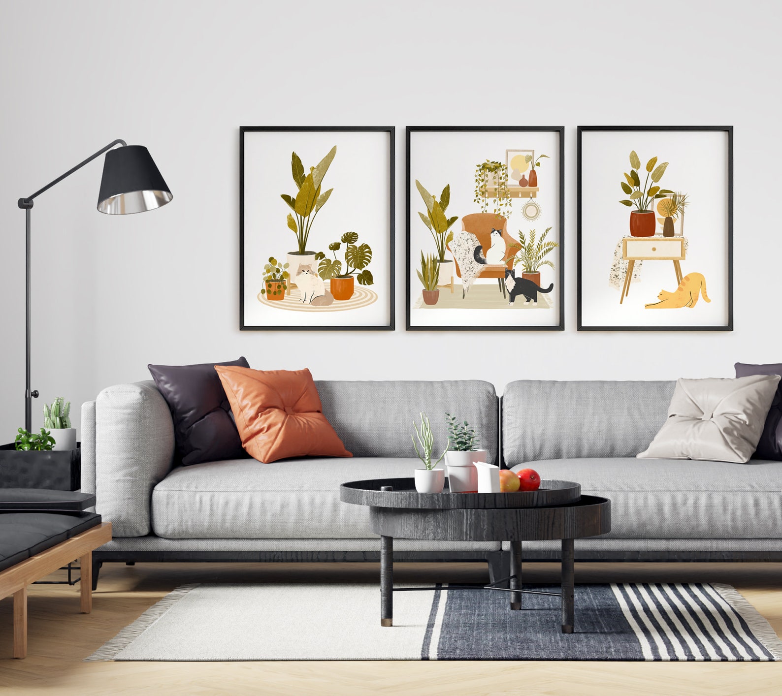 Set of 3 Printable Boho Cats and House Plants Wall Art, Cats and House ...