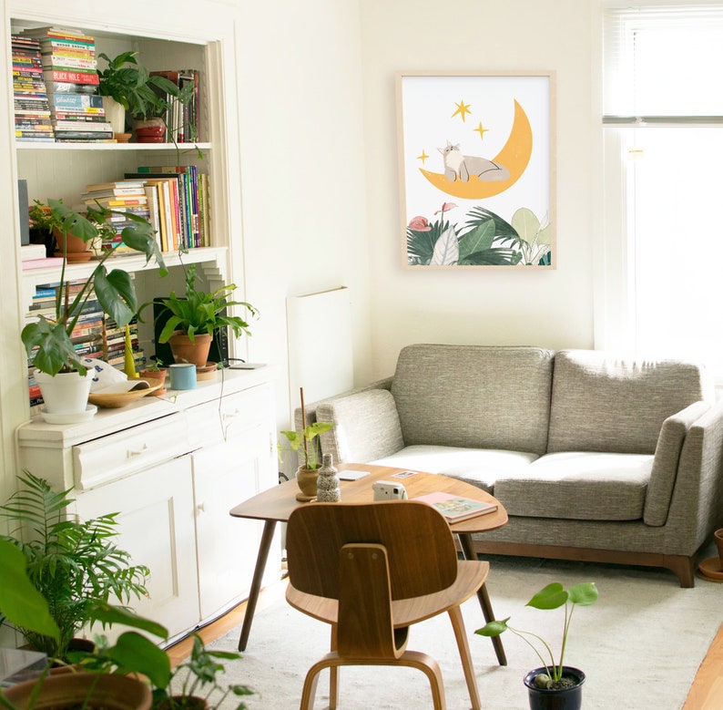 Printable Cat and Crescent Moon Wall Art Cat and Moon Poster - Etsy