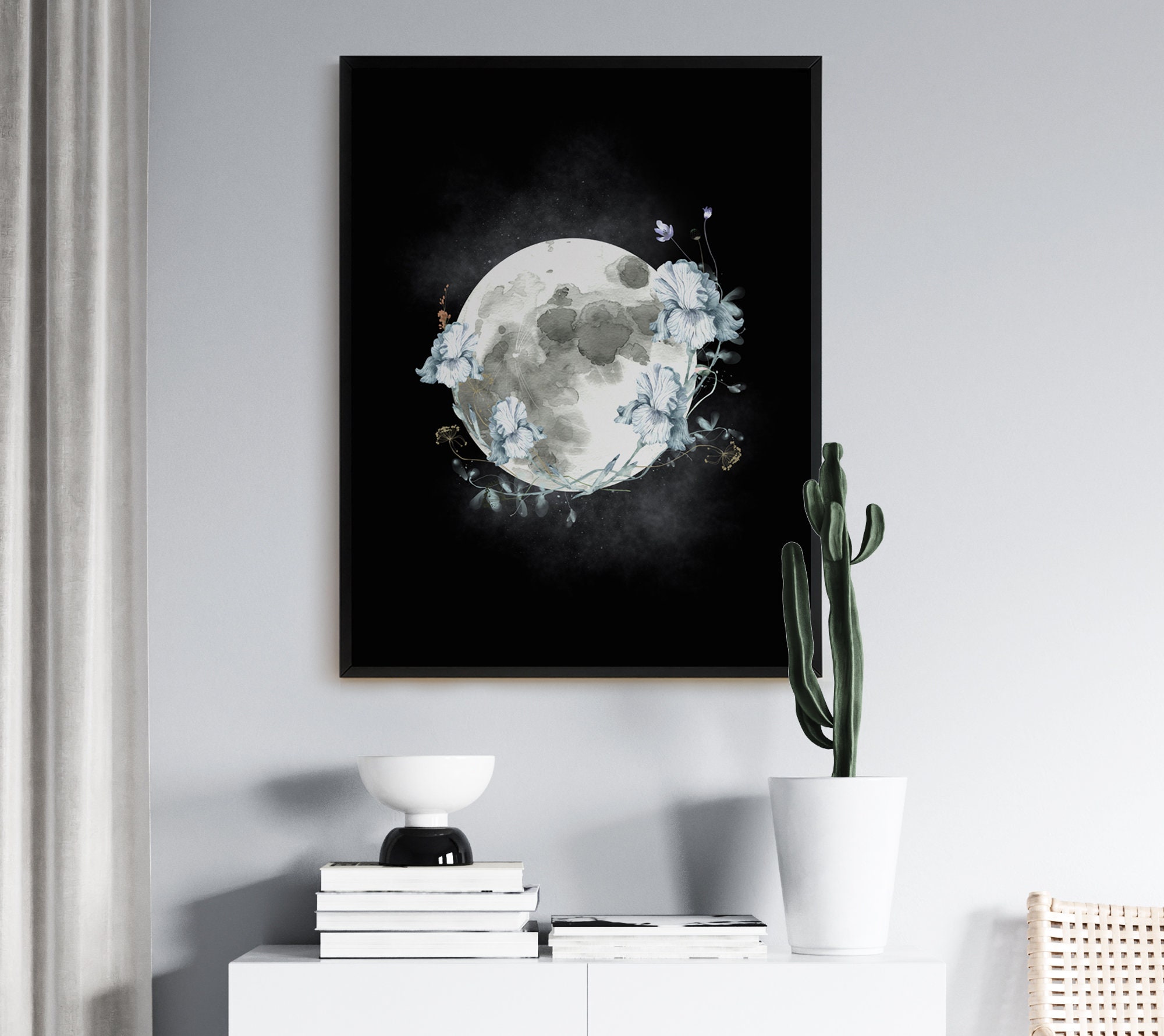 Printable Moon Flower Wall Art Full Moon Artwork Watercolor - Etsy France