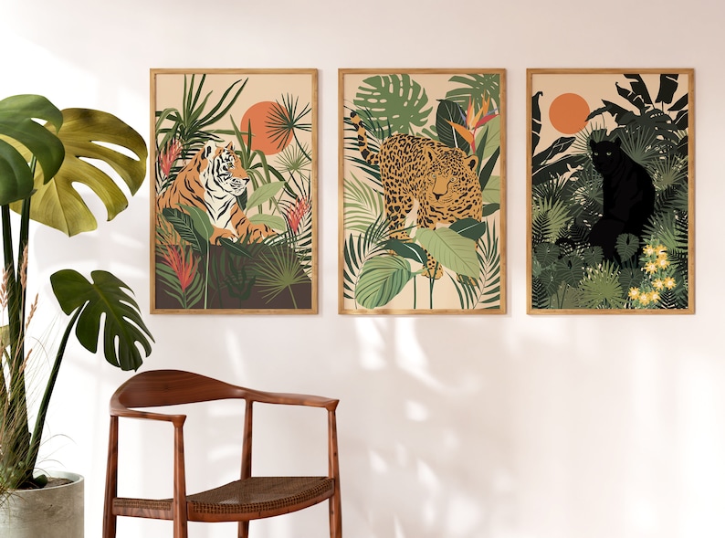 Set of 3 Jungle Animal Art Tiger Sun Jungle Leopard Digital - Etsy