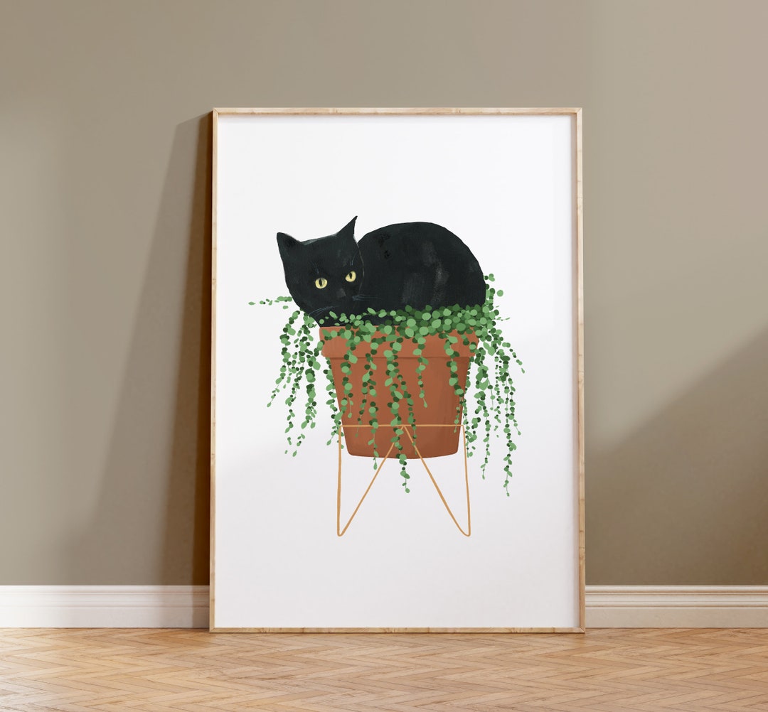 Printable Black Cat Wall Art, Black Cat Artwork, Cat and Plant Poster ...