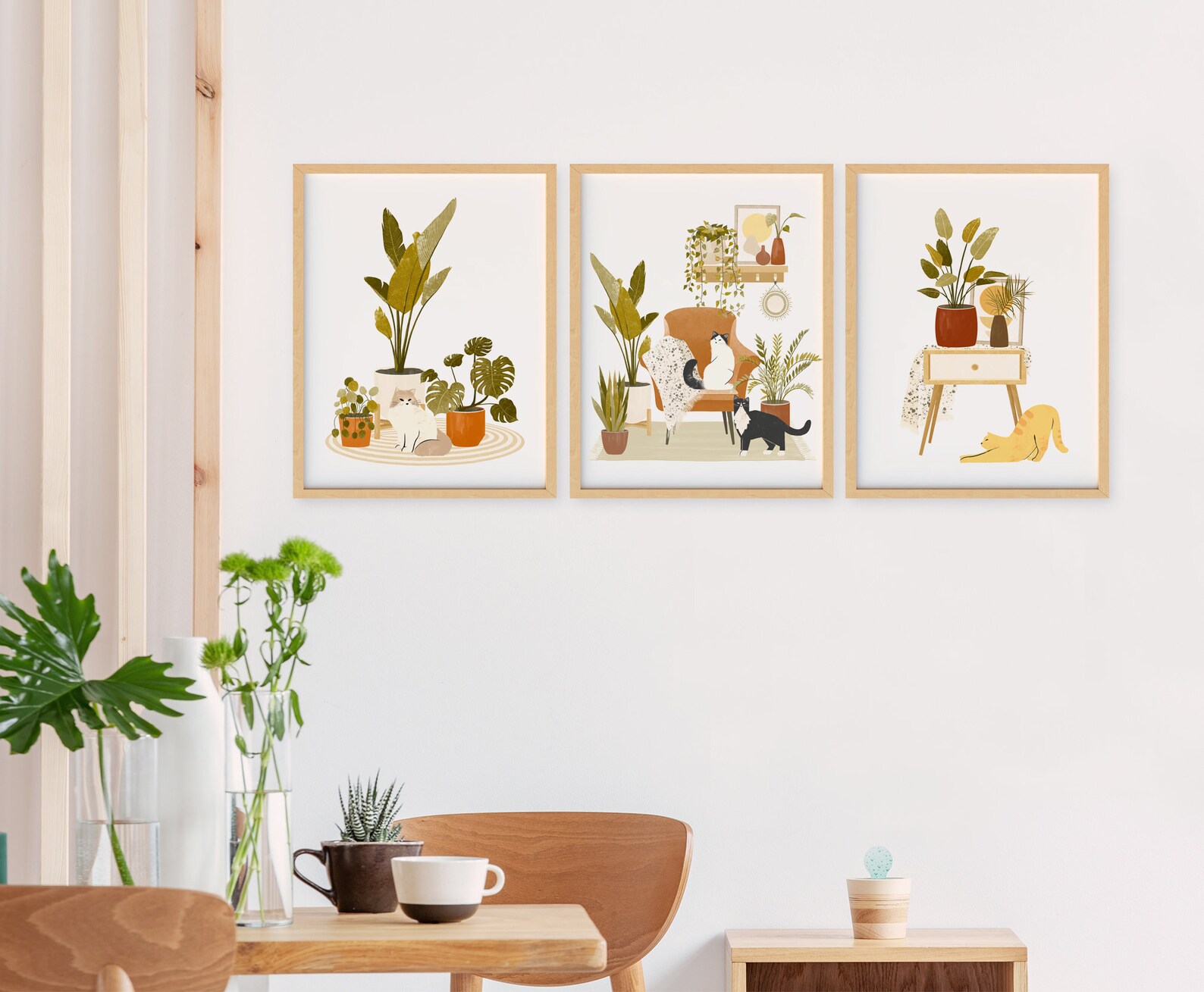 Set of 3 Printable Boho Cats and House Plants Wall Art, Cats and House ...