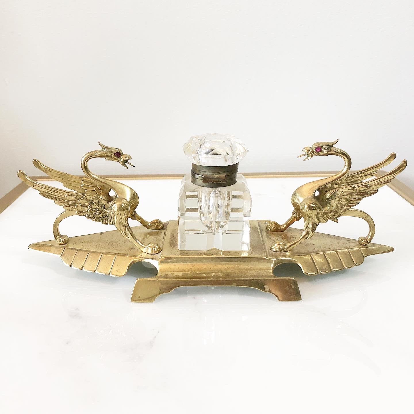 Antique Brass Dual Dragon Inkwell With Ruby Red Eyes. - Etsy