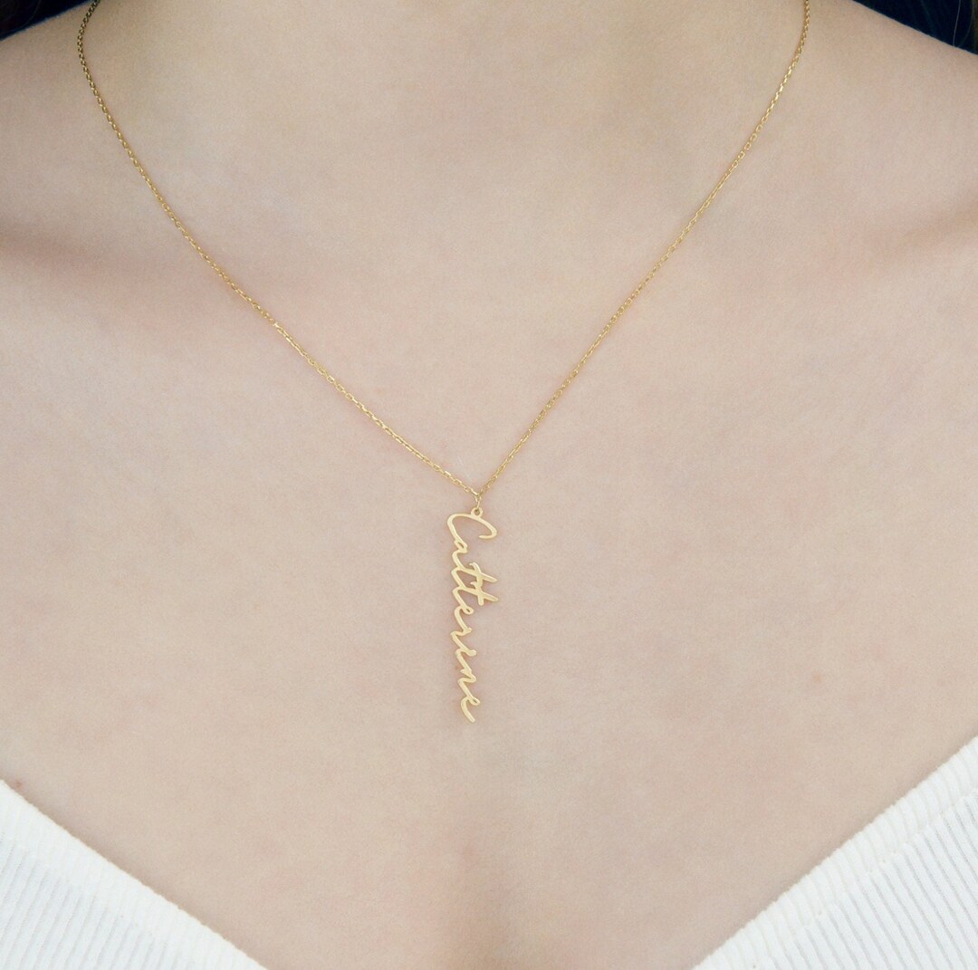 14K Solid Gold Vertical Name Necklace: Custom Script Jewelry - Etsy