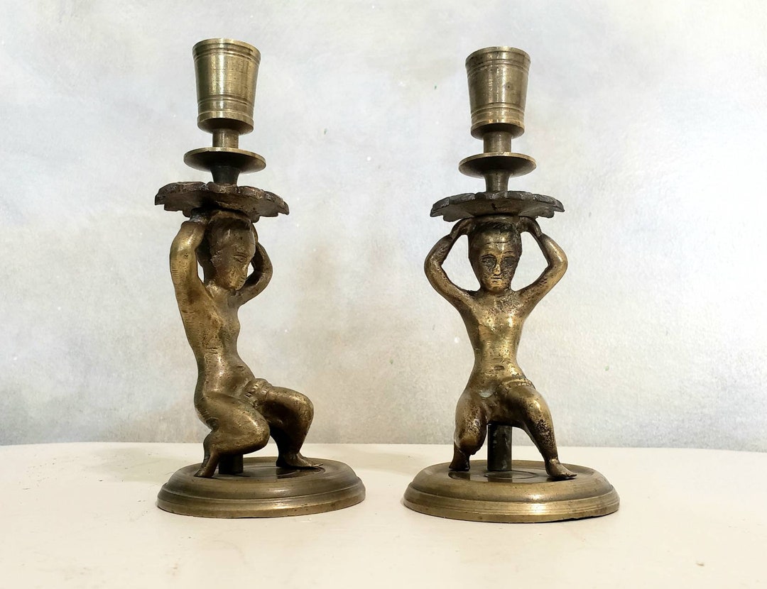 Pair Brass Figural Candle Sticks India Human Figure Temple Candle ...