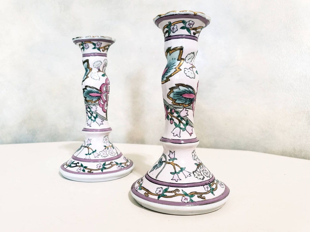 Vintage Chinoiserie Candle Sticks Pair Chinese Candle Holders Famile ...