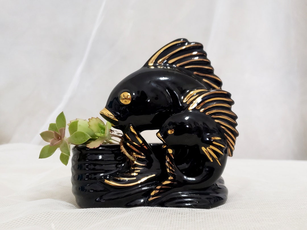 Vintage Ceramic Fish Planter Black Gold Made in Japan Trinket Dish - Etsy