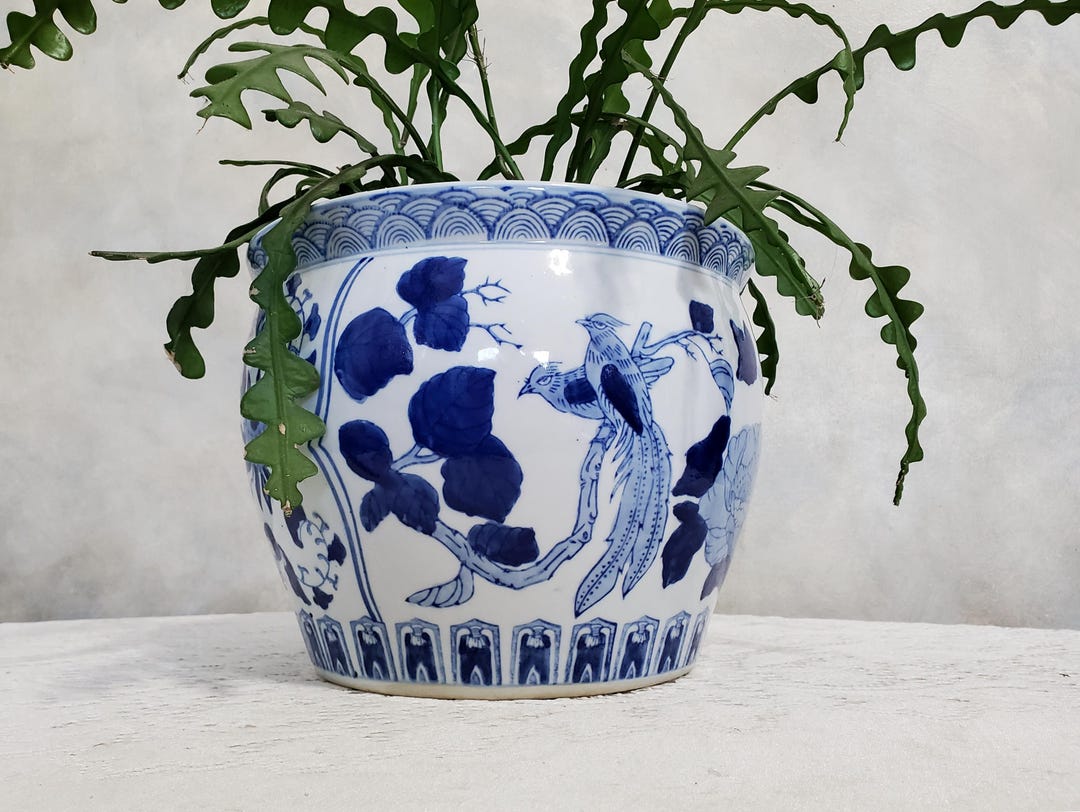 Blue White Planter Birds Porcelain Fishbowl Jardiniere China Asian ...