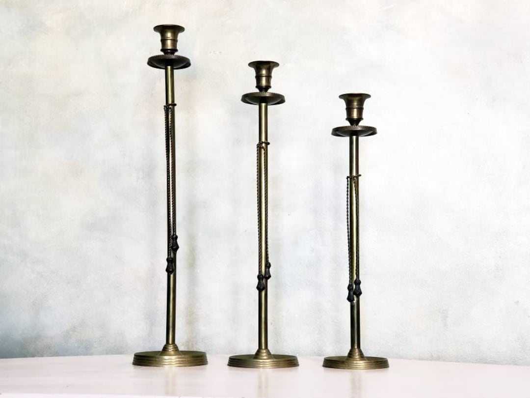 3 Brass Candle Holders Tall Skinny Candlesticks Rope Detail Matching ...