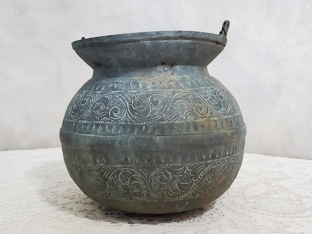 Antique Bronze Brass Copper Pot Heavy Patina Planter Cauldron Hanging ...