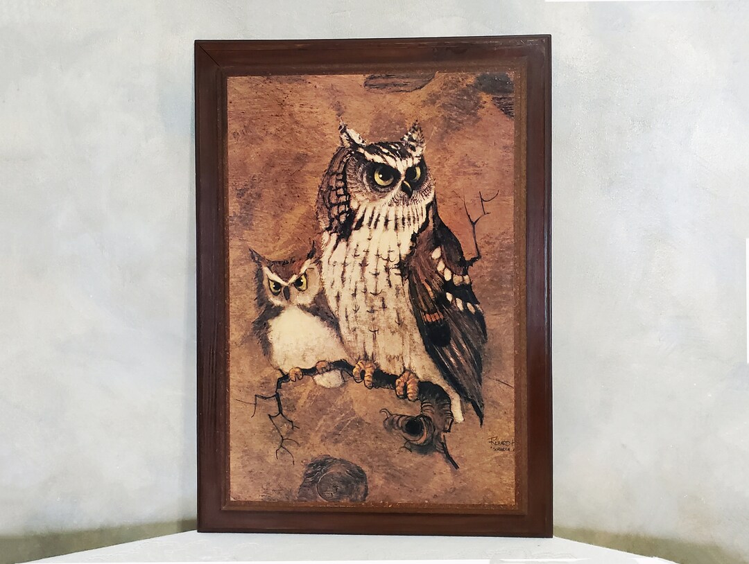 Vintage Richard Hinger Screech Owls Print Wood Framed Wall Art 21x15.5 ...