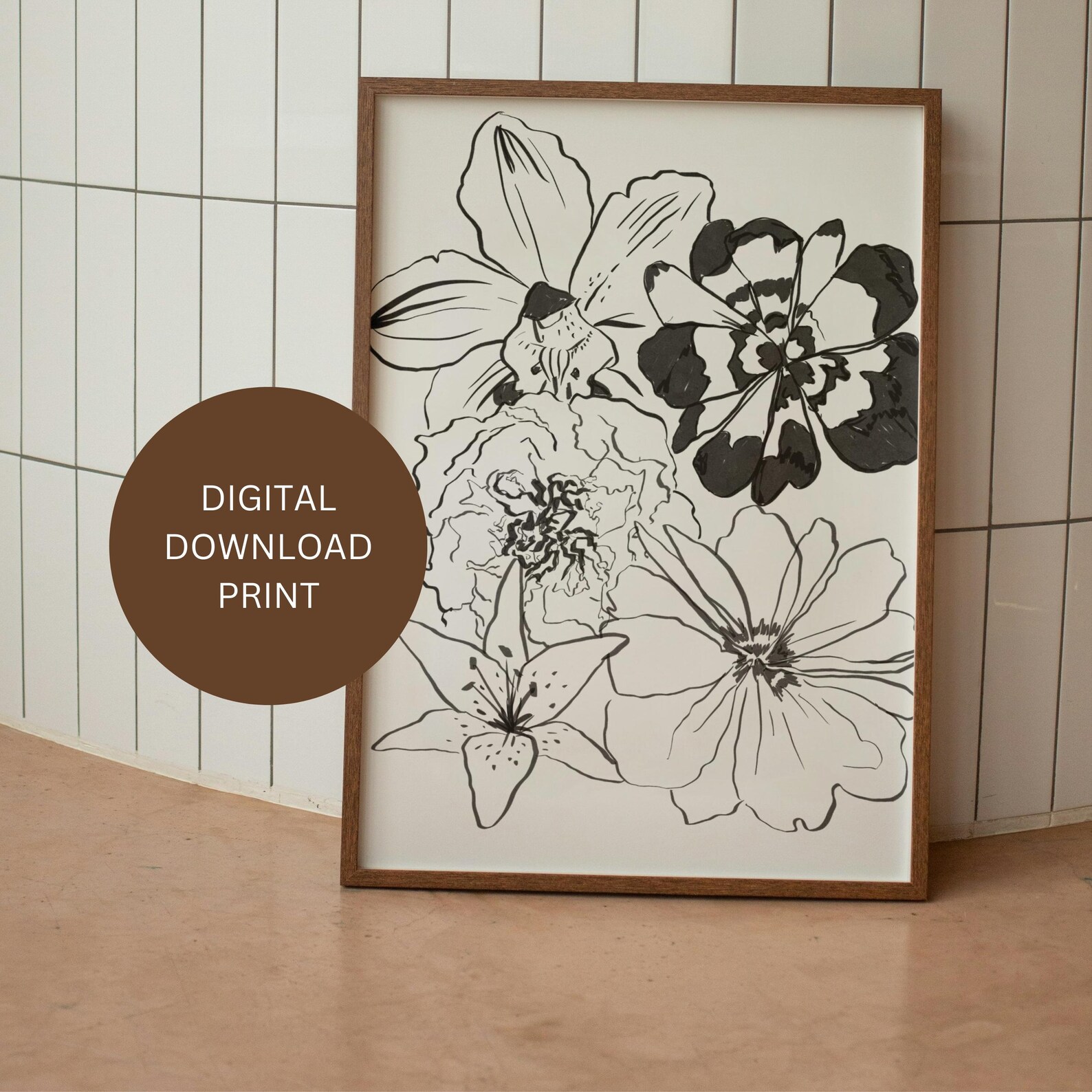 Eclectic Flowers Sketch Digital Print || Hand Drawn Black and off White ...