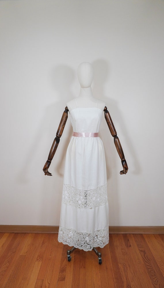 Late 1960s Linen Maxi Tiered Embroidered Lace Wedding… - Gem