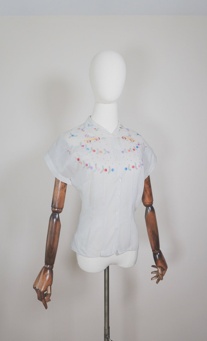 1940s / 1950s going on a Ride Sheer Cotton Blouse Embroidered Colorful ...