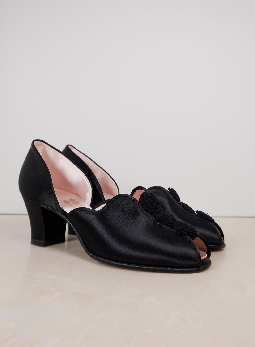 1940s BOUDOIR Black Satin Slippers True Vintage High Heel Pump ...