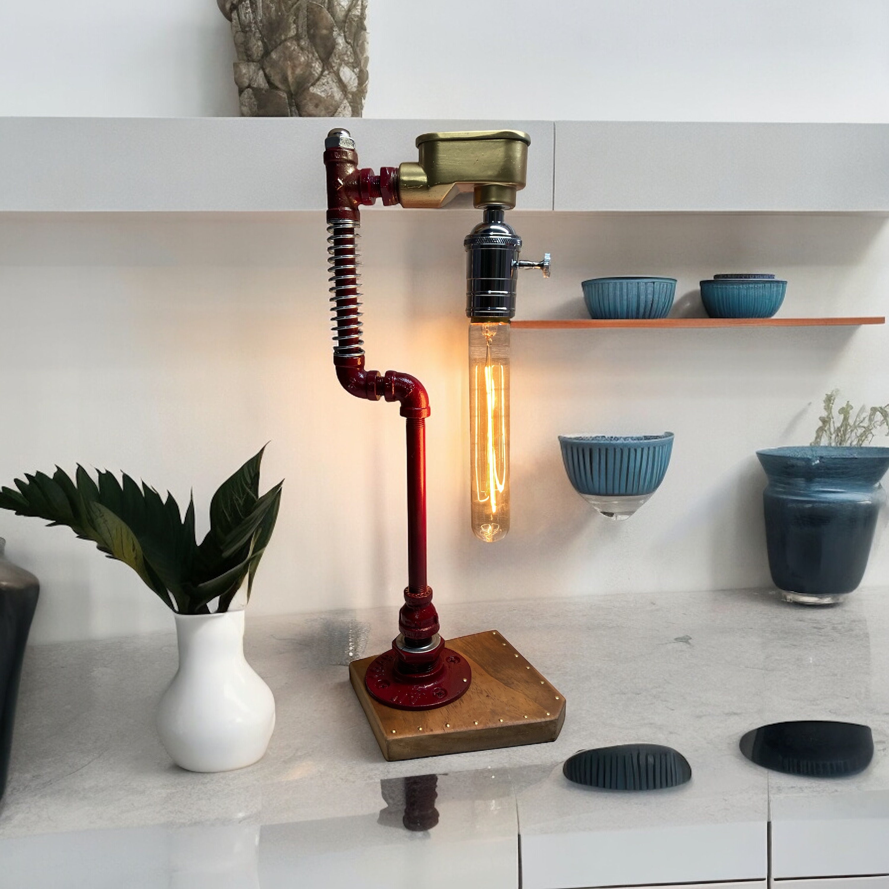 Handcrafted Metal & Oak Table Lamp: Steampunk Edison Bulb Decor - Etsy