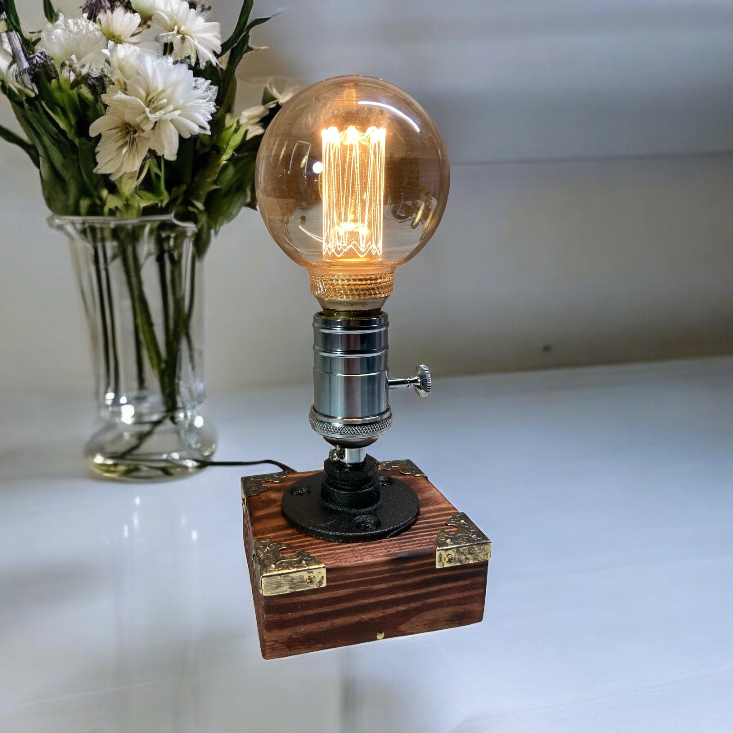 Steampunk Edison Table Lamp: Wood & Metal Farmhouse Decor - Etsy