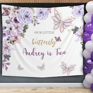 Purple Butterfly Birthday Backdrop Little Butterfly Banner First Birthday Decor Girl Butterfly ...