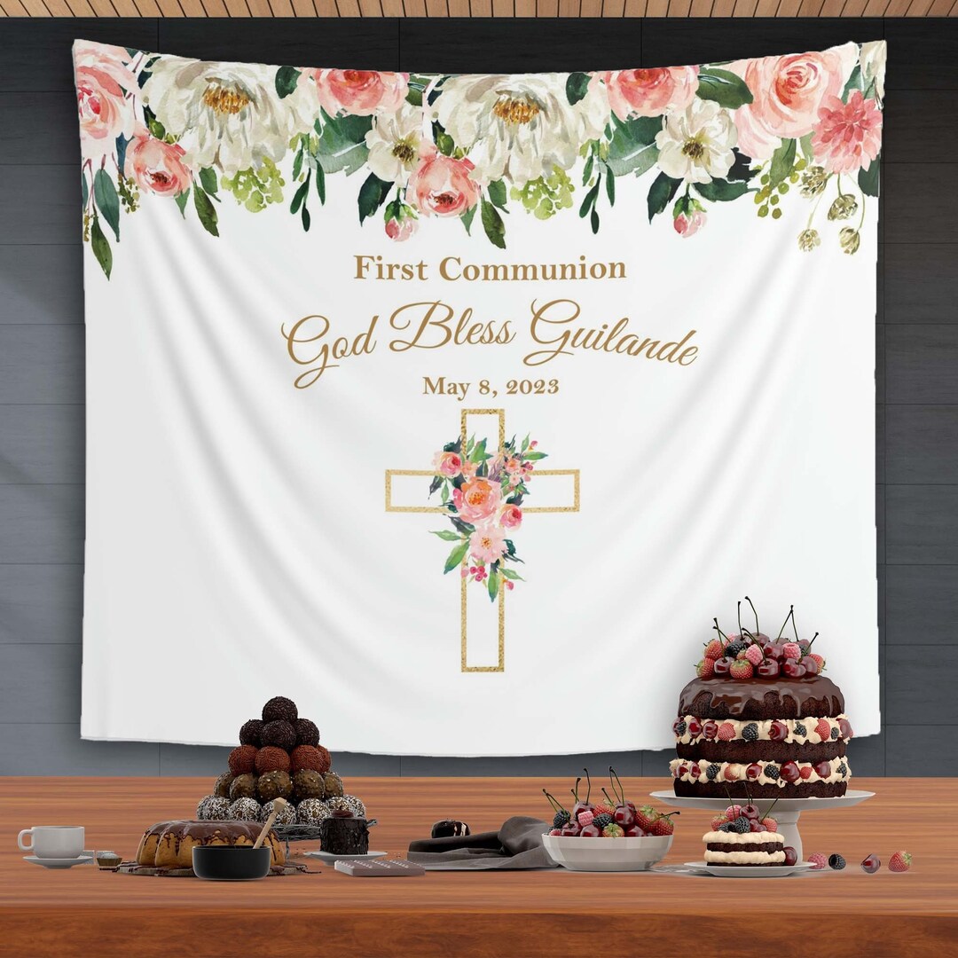 Girl Baptism Backdrop, Pink Flower Baptism Banner, Christening Floral ...