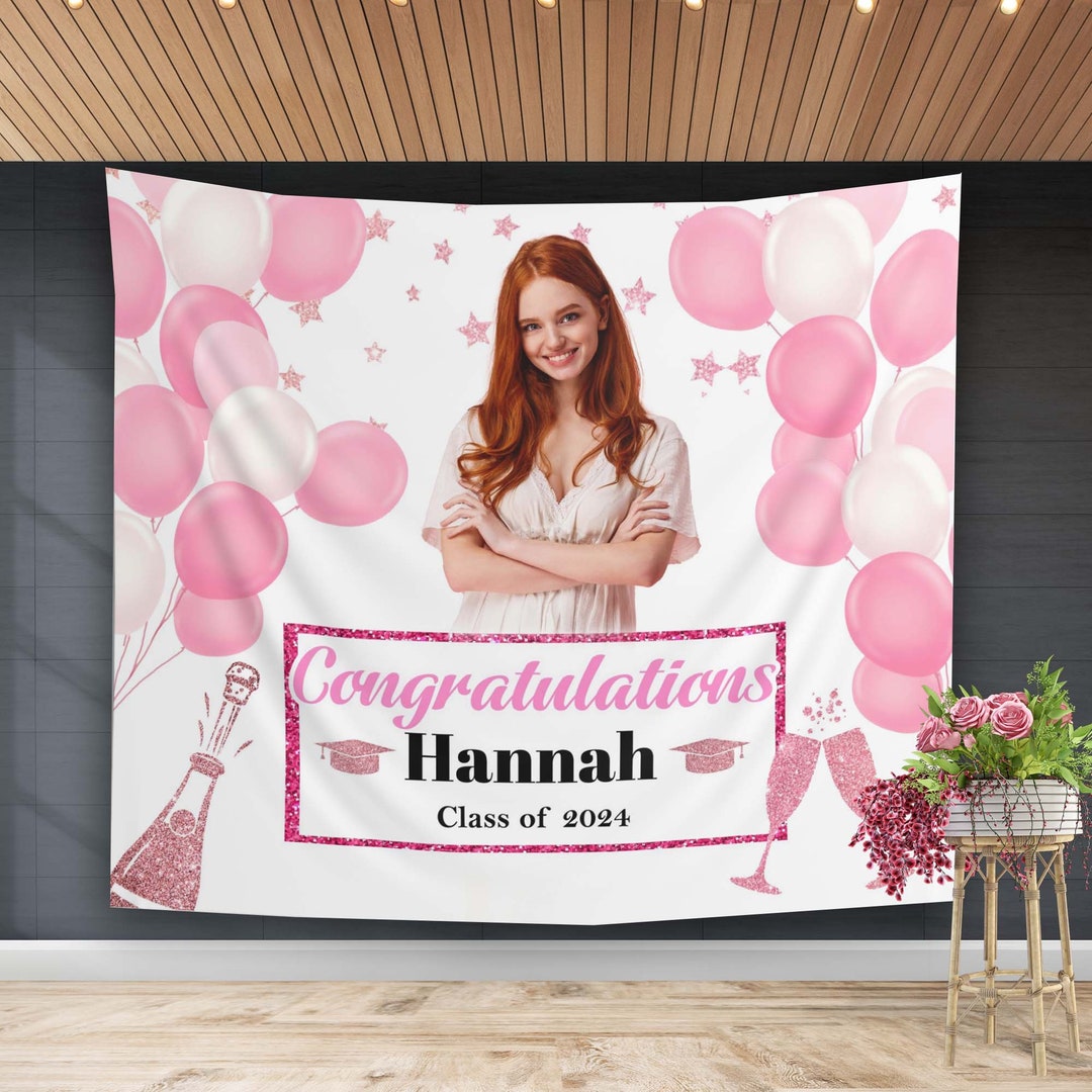 Pink Graduation Photo Backdrop With Balloons Class of 2024 ...