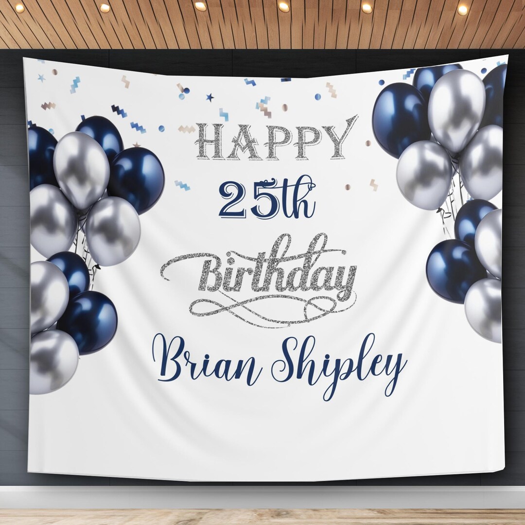 Personalized Happy Birthday Backdrop Navy Blue Silver 25th 50th Party ...