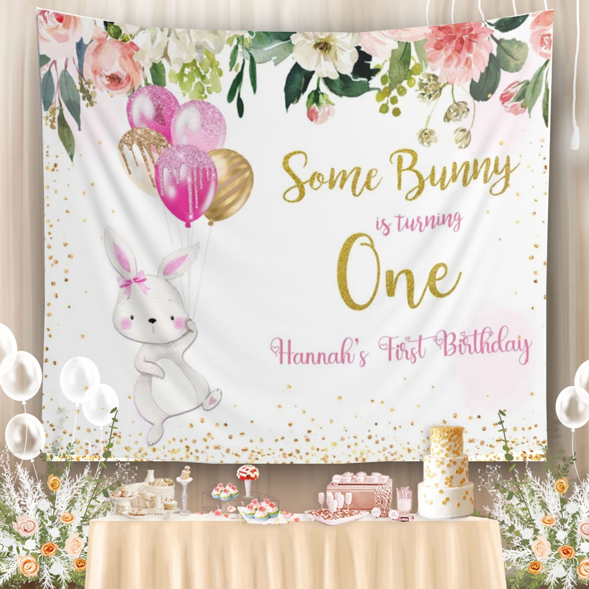 Bunny Birthday Backdrop Bunny 1st Birthday Banner Pink Gold - Etsy